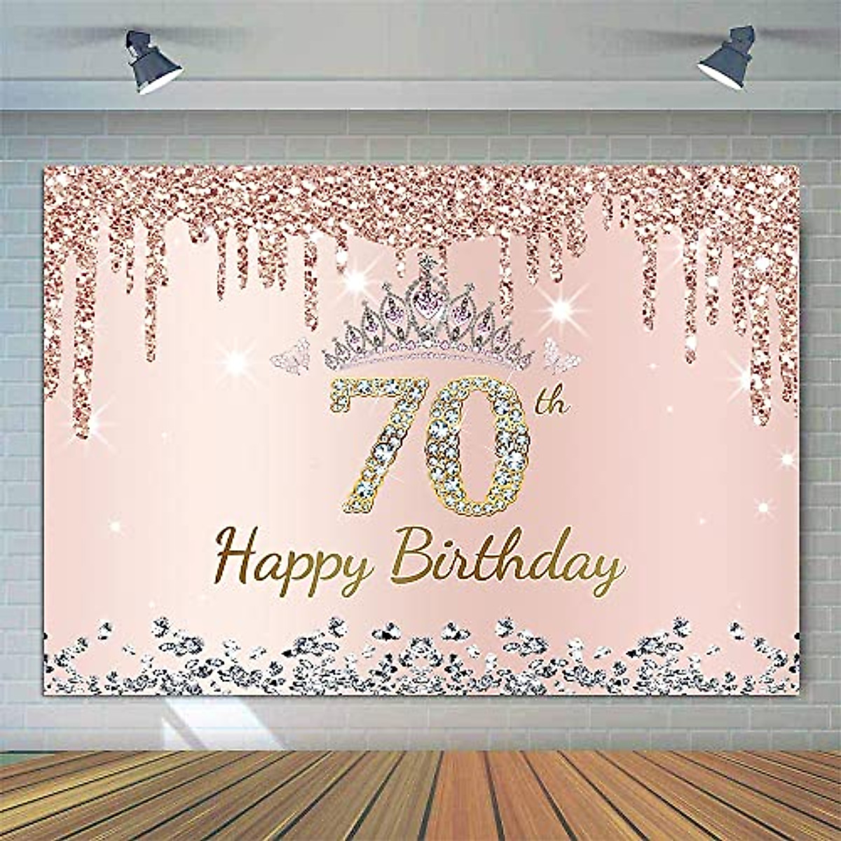PHMOJEN 70th Birthday Backdrop for Women Pink Rose Gold Glitter Silver Diamonds 70 Year Old Birthday Party Decoration Photo Backdrop Happy 70 Bday Poster Vinyl 7x5ft Photo Booth Props BJGJPH44