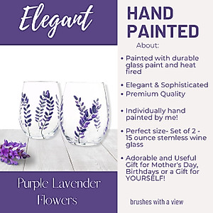 Hand Painted Lavender Flower Wine Glasses, Brushes with a View set of 2 Artisan Made Floral Drinking Glasses Set, Perfect Mother’s Day, Bridal Shower, Christmas & Easter Gift, 15 oz