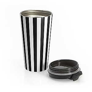 Black White Striped 15oz Stainless Steel Travel Mug, Screw on Lid Tumbler.