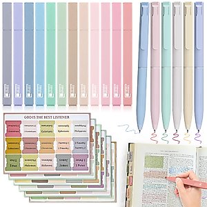 DazSpirit Bible Journaling Kit, 12 Pastel Bible Highlighters and 6 Pens No Bleed with 90 Laminated Bible Tabs, Bible Study Kit for Women & Men Office School, Bible Study Supplies
