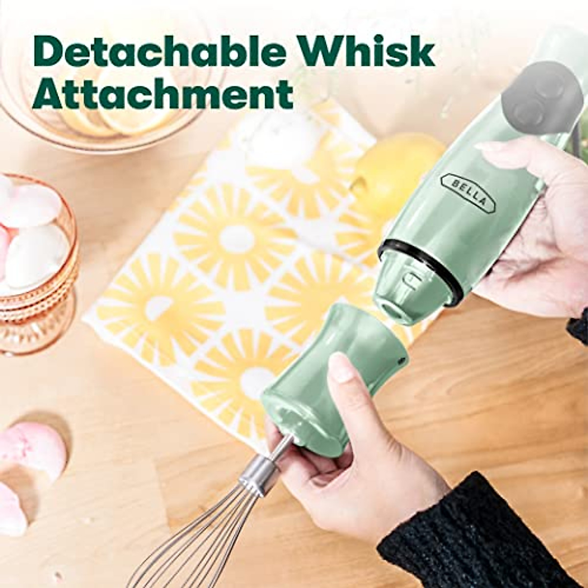 BELLA Immersion Hand Blender, Portable Mixer with Whisk Attachment - Electric Handheld Juicer, Shakes, Baby Food and Smoothie Maker, Stainless Steel, Sage