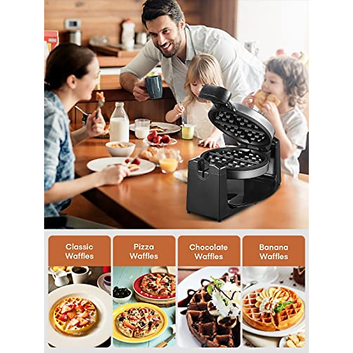 Waffle Maker 1100W, 180° Flip Belgian Waffle Iron with Nonstick Plates, Classic 1" Deep Waffles, Included Recipe, Removable Drip Tray, Browning Control, Stainless Steel