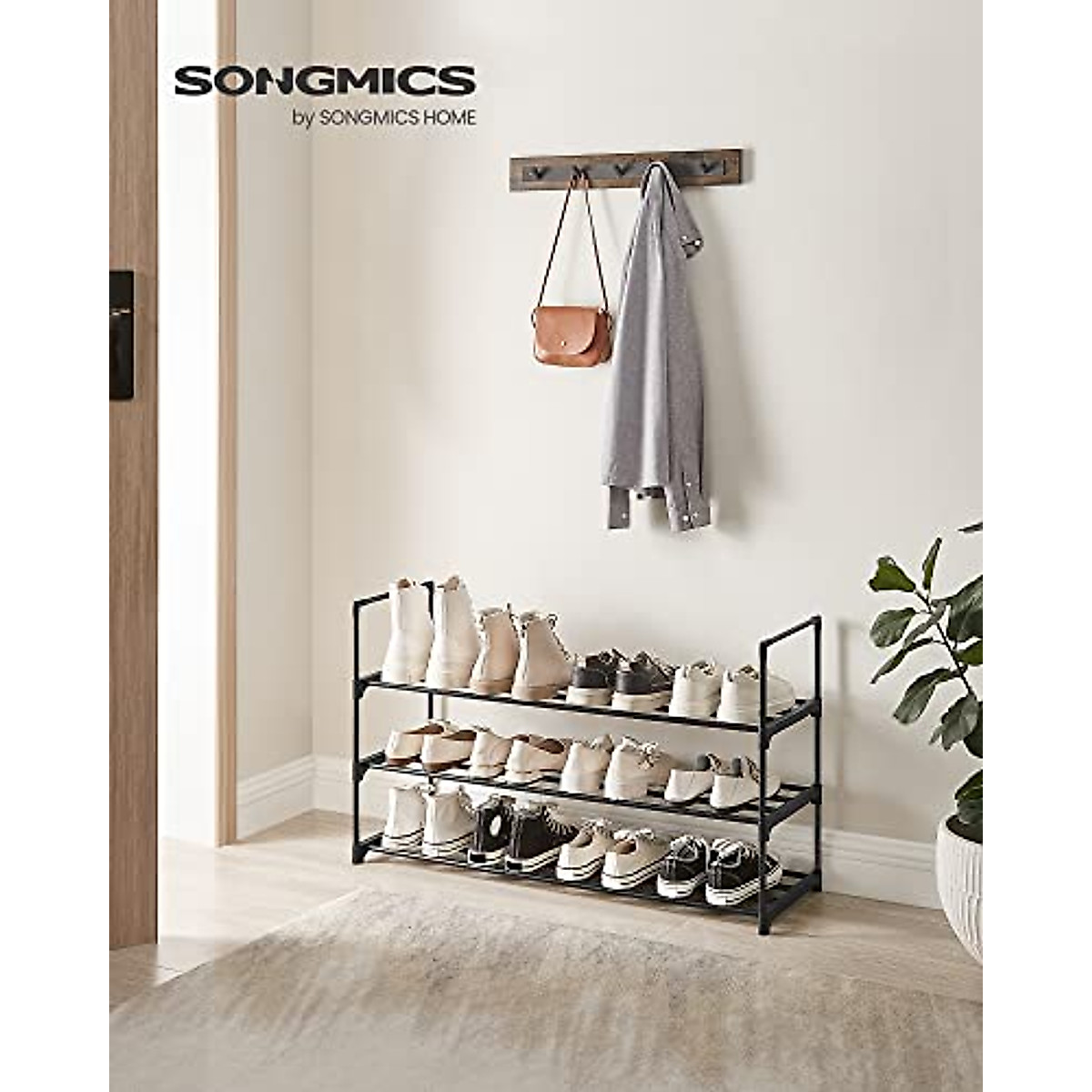 SONGMICS Shoe Rack, 3 Tier Shoe Organizer, Metal Shoe Storage Shelf for 15 Pairs of Shoes, Easy to Assemble, Entryway, Black ULSA303B02