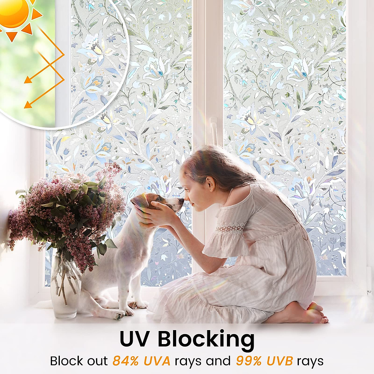 DOWELL Window Privacy Film, 3D Stained Glass Rainbow Window Decals, Decorative Window Vinyl Sun Blocker Door Covering, Static Cling Non-Adhesive Window Sticker for Home, Blooming Flowers, 17.5"x78.7"