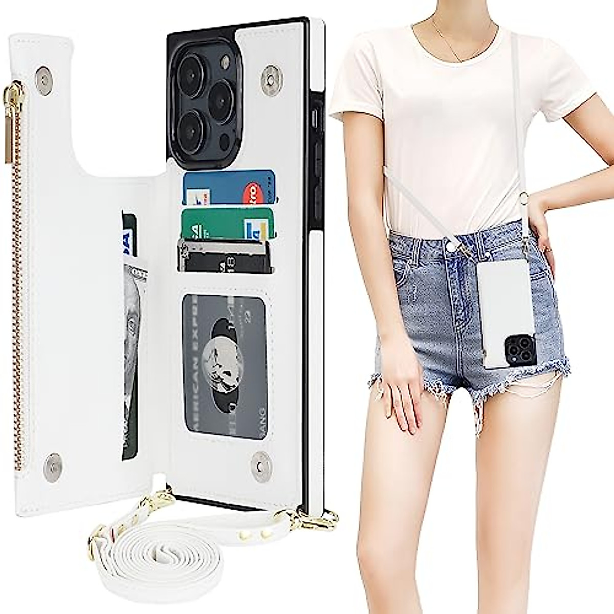 Bocasal Crossbody Wallet Case for iPhone 14 Pro Max with RFID Blocking Card Slot Holder, Magnetic Flip Folio Purse Case, PU Leather Zipper Handbag with Detachable Lanyard Strap 6.7 Inch 5G (White)