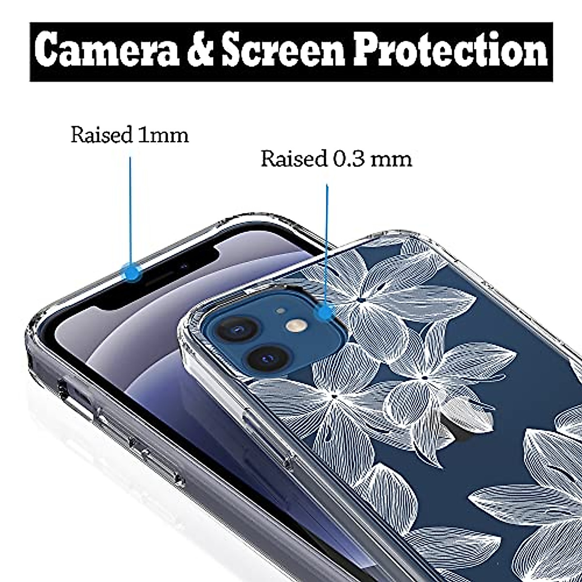 RANZ iPhone 12 Case, iPhone 12 Pro Case, Anti-Scratch Shockproof Series Clear Acrylic + TPU Bumper Protective Case for iPhone 12 / iPhone 12 Pro (6.1 inch) [2020 Released] - White Flower