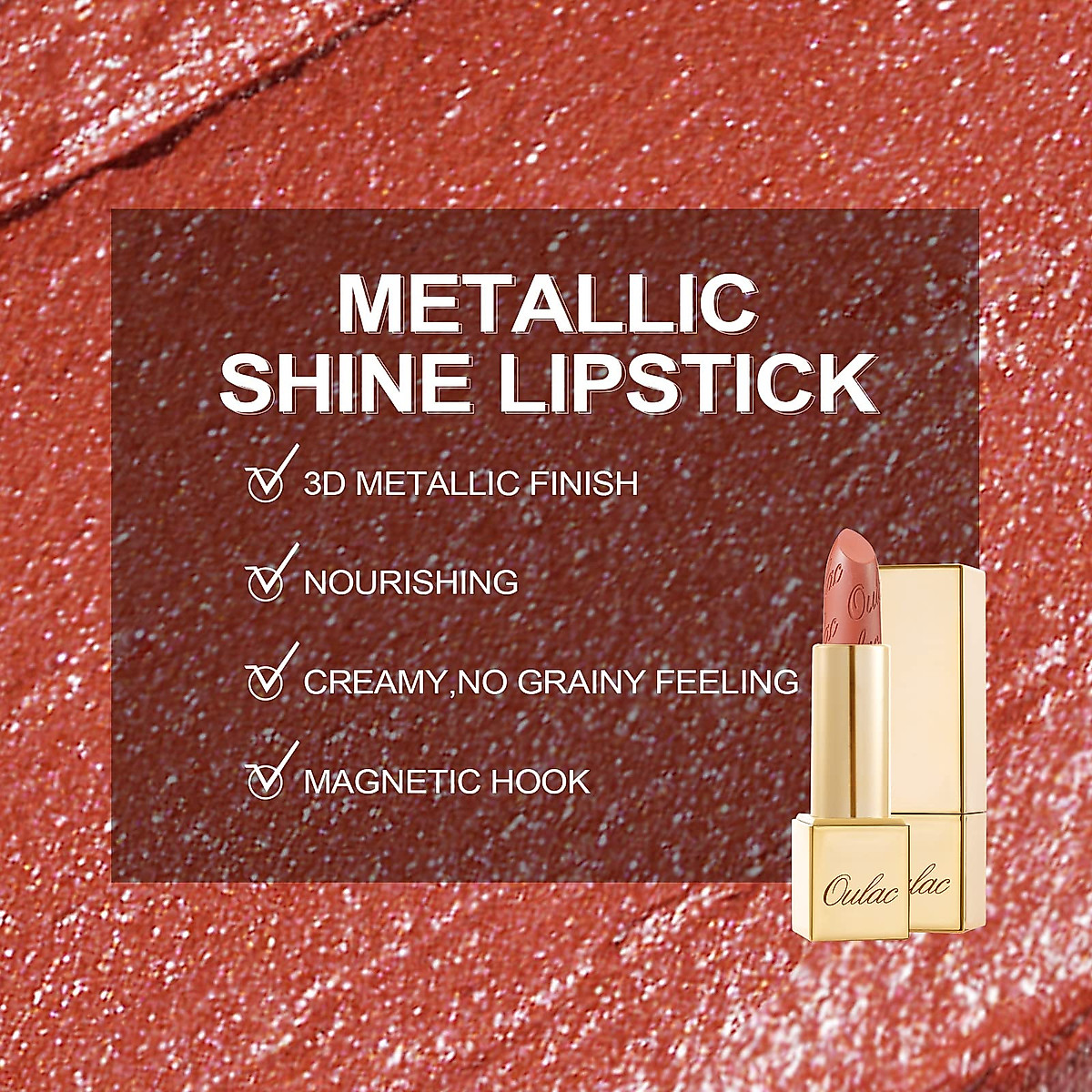 Oulac Coral Orange Lipstick for Women with Metallic 3D Shine Lightweight Hydrating Formula, High Impact Lip Color, Vegan Beauty, Full Coverage Lip Makeup, Be Happy(05)
