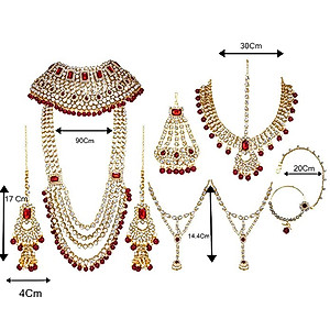 Steorra jewels Traditional Wedding Indian Bollywood Bridal Jewelry Set | Red Long Choker | Necklace, Earrings, Maang Tikka, Nath Paasa & Hath Phool in Faux Kundan Beads