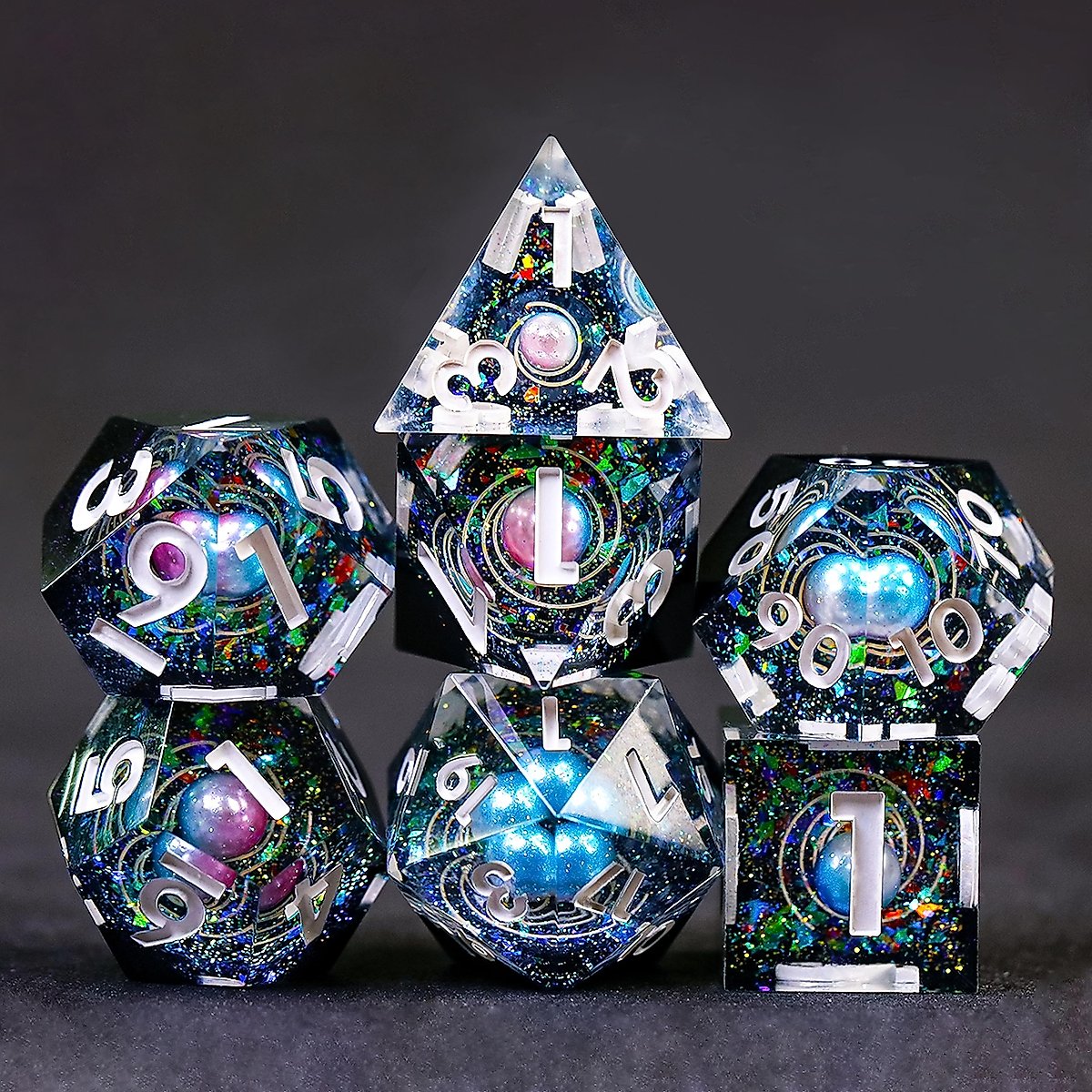 AUSPDICE DND Dice Set Handcrafted Designer 7-Die Polyhedral RPG Dice with Sharp Edges and Beautiful Inclusions for Aesthetic Conscious Tabletop RPG Player Galaxy Series (Dark Color)