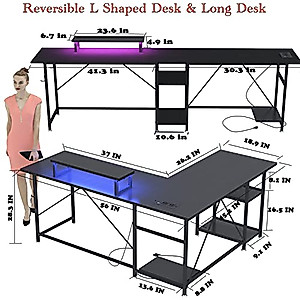 DLIUZ l Shaped Computer Desk with Monitor Stand and Power Outlets,Gaming Desk with Storage Shelf and LED Lights,Home Office Reversible Corner Modern Desk or 2 Person Long Table with Hooks (Black)