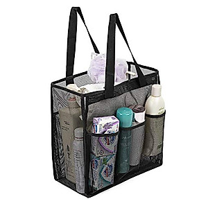 ALYER Big Mesh Shower Bag Tote,Portable Dry Wet Separation Bath Organizer with a Clear Zippered PVC Pocket (Black)