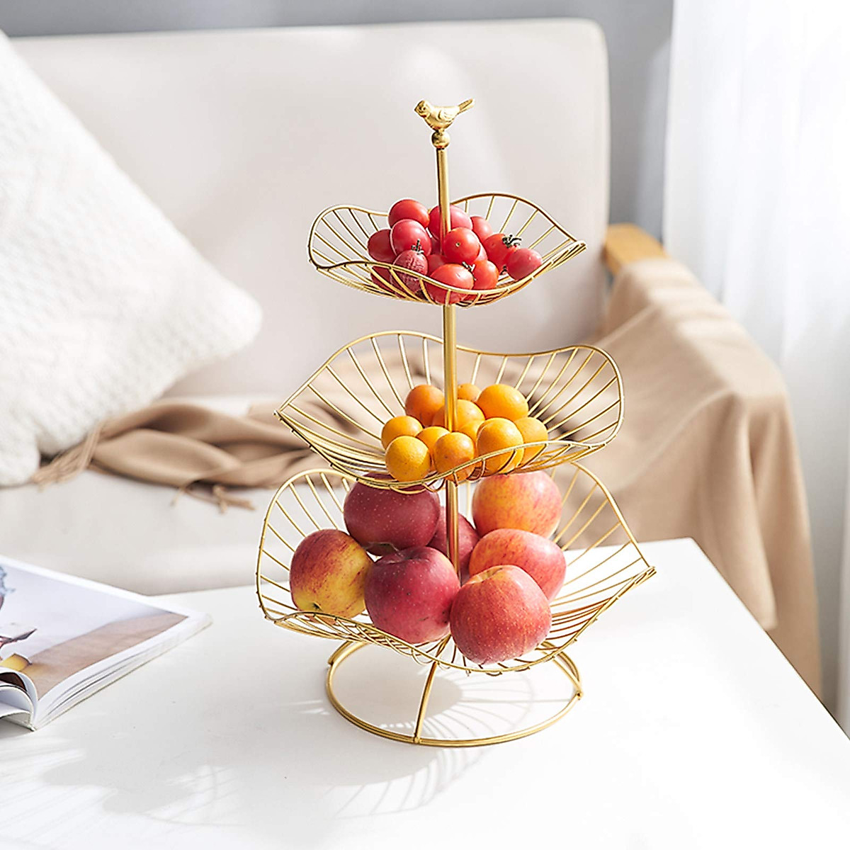 3 Tier Fruit Basket Stand, Modern Tiered Fruit Bowl for Kitchen Counter, Metal Fruit Bowl Bread Baskets, Detachable Fruit Holder Storage Baskets Stand, Black/White/Gold,Gold