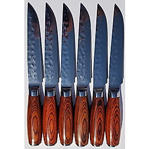 D&G Dinner Steak Knives - Non Serrated - Hammered Japanese High Carbon 7CR17 Stainless Steel - Set of 6