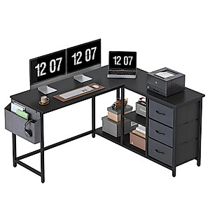 Treesland L Shaped Desk with Drawers, Computer Desk with Storage & Shelves, Corner Desk with Storage, Home Office Desks with Drawers, L Shape Desks with Storage, Black