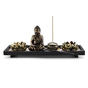 Jovivi Zen Garden Set Buddha Statue 2 Lotus Tealight Candle Holders, Mallet & Rocks and Crystals & Incense Burner Stick Holder Bowl & Wood Tray for Yoga Meditaion Home Table Decor Gift
