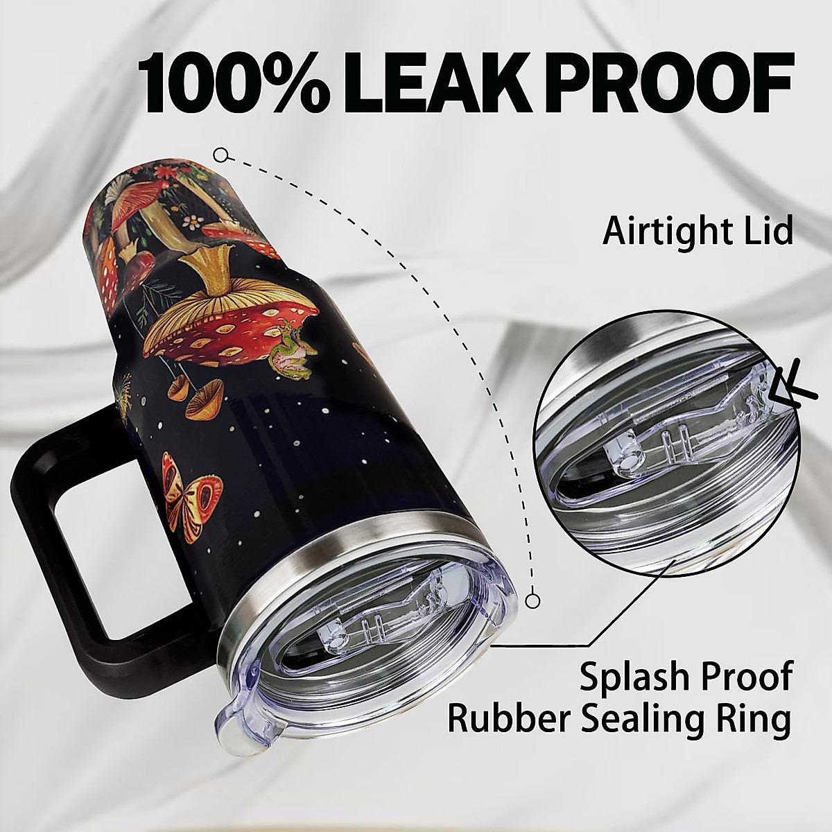 ZNYYZYBA 40oz Mushroom Tumbler with Handle Mushroom Gifts for Women Insulated Leak Proof Travel Coffee Mug, Reusable Stainless Steel Tumblers