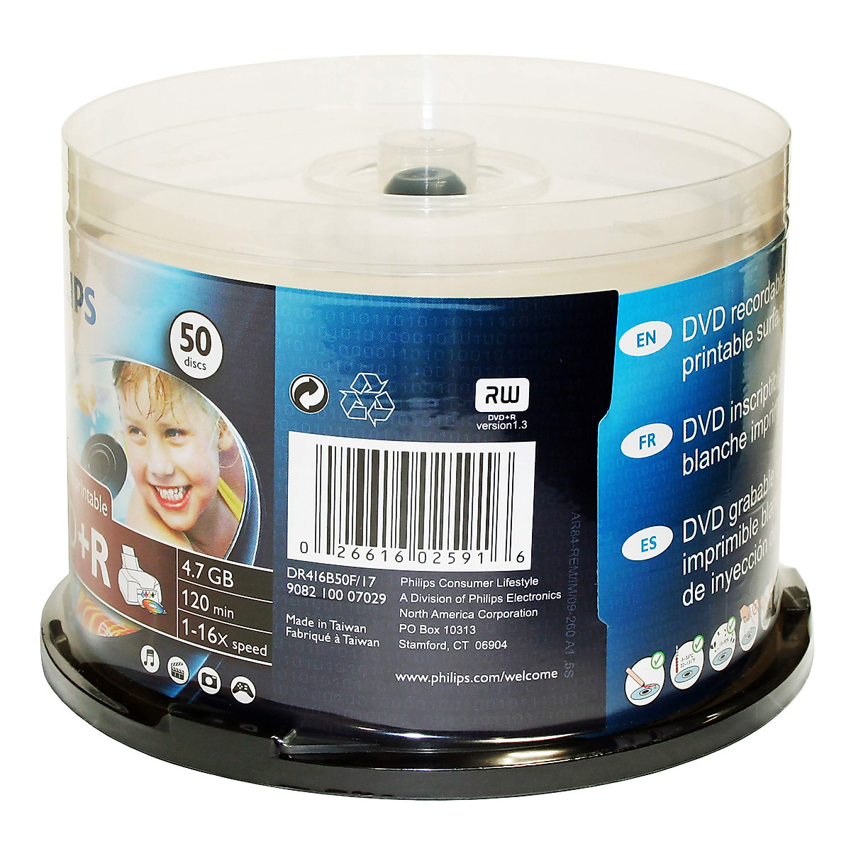 Philips White Inkjet Printable 16X DVD+R Media 50 Pack in Cake Box (DR4I6B50F/17)