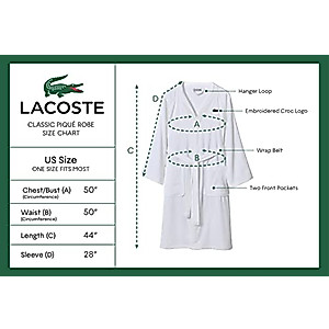 Lacoste Classic Pique 100% Cotton Bath Robe for Men & Women, One Size Fits Most, White