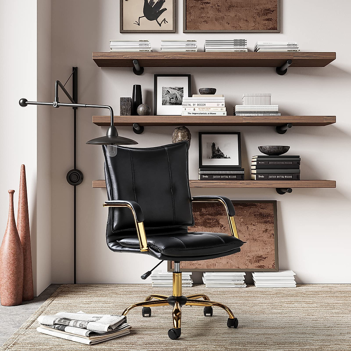 HULALA HOME Faux Leather Home Office Desk Chair, Adjustable Swivel Computer Chair with Golden Legs and Arms, Comfy Upholstered Task Chair, Black