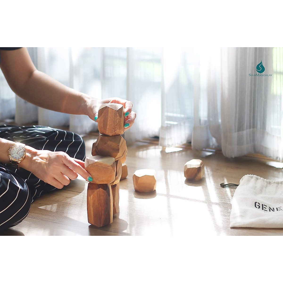 12 Pcs. Wooden Balancing Blocks: Handmade Meditative Educational Game Sensory STEM Toy Stacking Game Wood Balance Rocks Set (Tum ISHI) Montessori with Cotton Bag