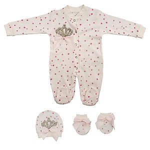 LAL & LUNA Baby 3 Pc Crown Jewel Cotton Outfit, Footie with Hat and Mittens (09-White -Pink Star (Girl), 0-3 Months)