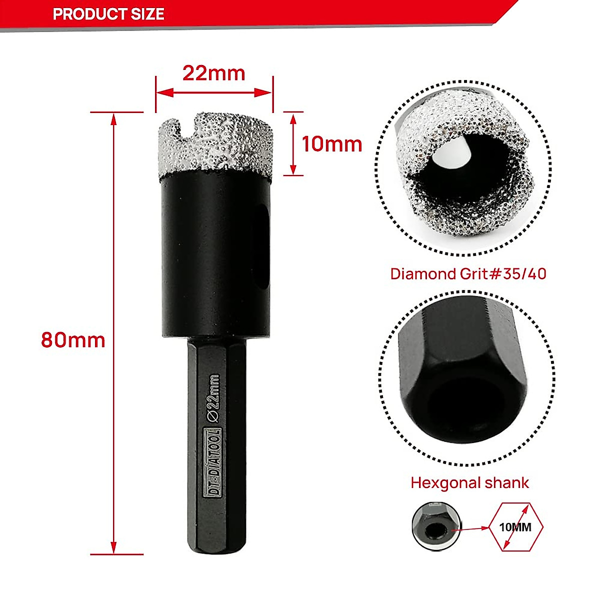 DT-DIATOOL Hex Shank Dry Diamond Drill Core Bits 22mm Vacuum Brazed Hole Saw for Tile Porcelain Ceramic Marble Granite