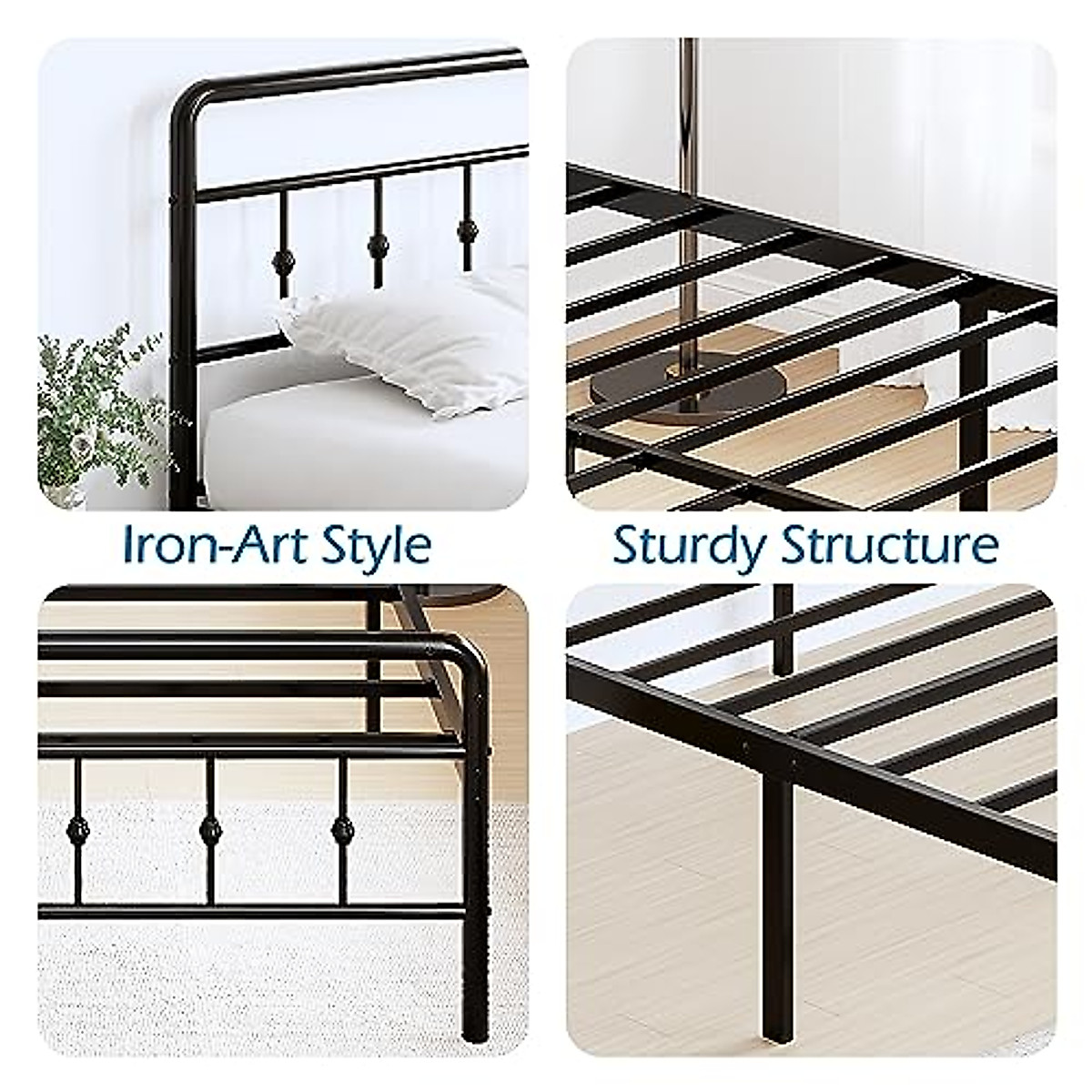 DiaOutro Classic Metal Platform Queen Bed Frame with Headboard and Footboard, 16 Inch No Box Spring Needed Heavy Duty Victorian Style Iron-Art Mattress Foundation/Under Bed Storage