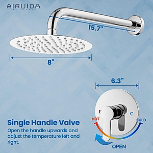 Airuida Shower Faucet Set Chrome Polish, Single Function Shower Valve Kit, Rain Shower Faucet Kit, 8 Inch Round Rainfall Shower Head with Male Threads Rough-in Valve