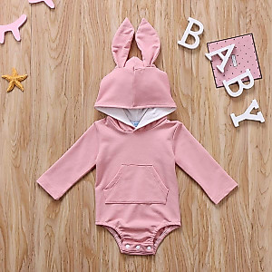 Newborn Baby Boys Girls Bunny Hooded One Piece Romper Easter Rabbit Ears Long Sleeves Jumpsuit with Pocket (Pink, 6-12m)
