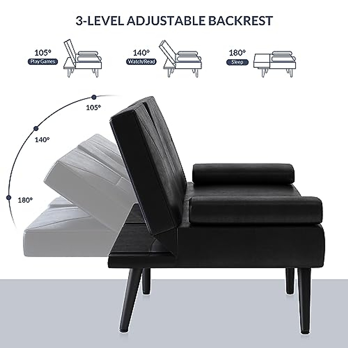 BELLEZE Futon Sofa Bed, Comfy Couch Convertible Sofa Bed with 2 USB Ports, Removable Armrests and Adjustable Backrest, Modern Loveseat Sofa for Living Room, Small Space - Madison (Black Faux Leather)