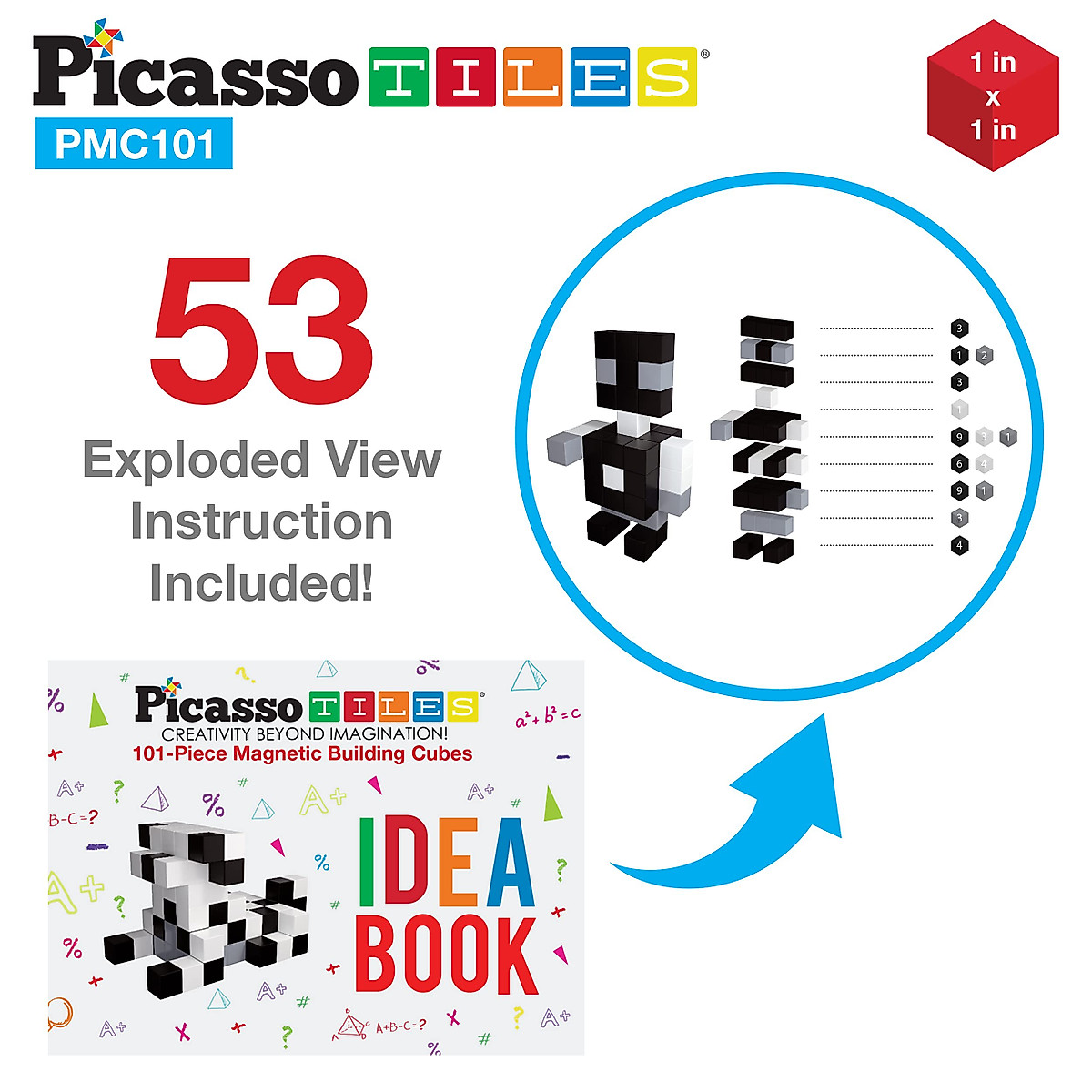 PicassoTiles Magnetic Puzzle Cube Characters + Mini + Black and White, 9pc with 18 Unique Characters Mix & Match Cubes Sensory Toys, 0.5” Pixel 100pcs, 1” 101pcs, Free Ideabook with 53 Ideas Age 3+