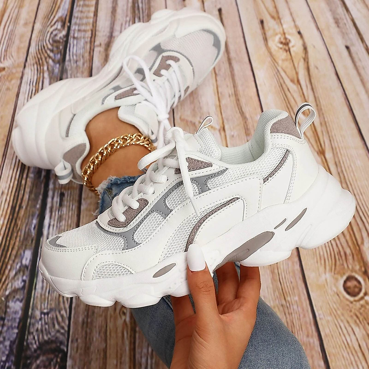 DXYDSC Women Lace Up Running Shoes Sports Shoes White Sneakers Shies (White, 8.5)