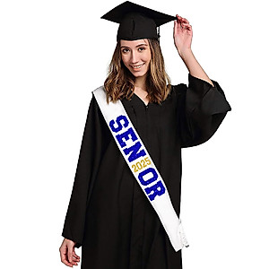 6Pcs White Senior 2025 Satin Sashes with Blue Gold Glitter Letters- 2025 Graduation Celebrations Sashes - Senior Cheer Sash - Cheerleader Sash - Class Competition Sashes
