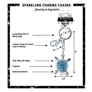 Aqua79 Blue Sea Turtle Keychain - Silver 3D Sparkling Charm Rhinestones Fashionable Stylish Metal Alloy Durable Key Ring Bling Crystal Jewelry Accessory with Clasp