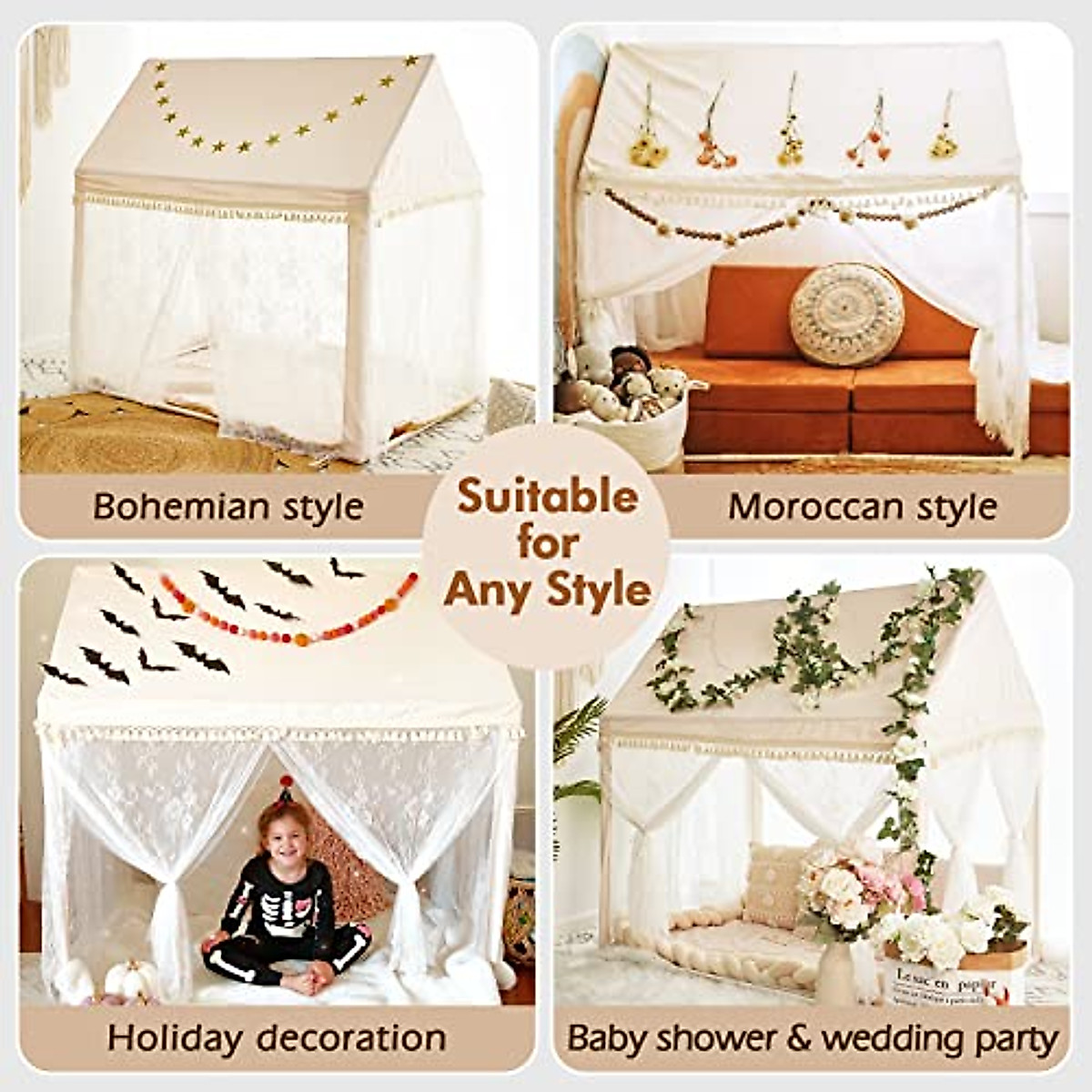 HAN-MM Kids Play Tent Large Playhouse with Mat/Star Light/Star Garland/Tassel Macrame Boho Style Indoor&Outdoor Play Tent for Kids, Neutral Color, 52x35x52, Lace Tassel