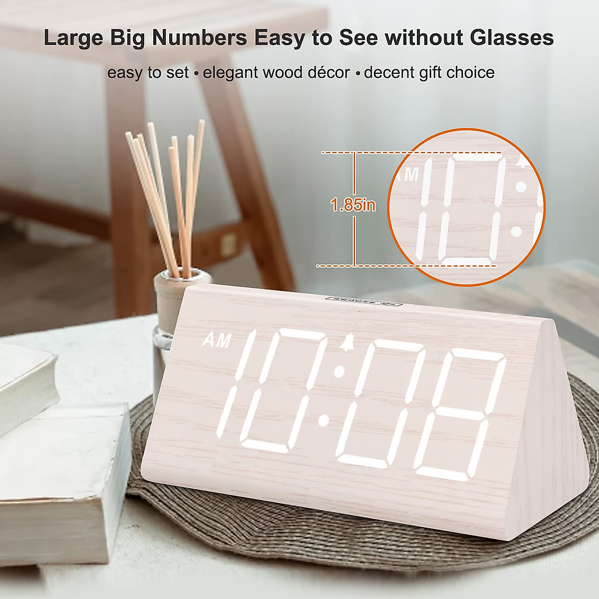 DreamSky Wooden Digital Alarm Clock for Bedroom - Living Room Desk Clock with Large Numbers, Bedside Nightstand Clock with USB Port, Adjustable Volume, Dimmer, Snooze, DST, Office Wood Décor, Gifts