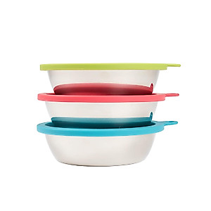 Messy Mutts 6-Piece Set | Three Stainless Steel Bowls and Three Colorful Silicone Lids | Sealable Travel Containers | Portable Food/Water Dishes for Pets | Medium, 1.5 Cups