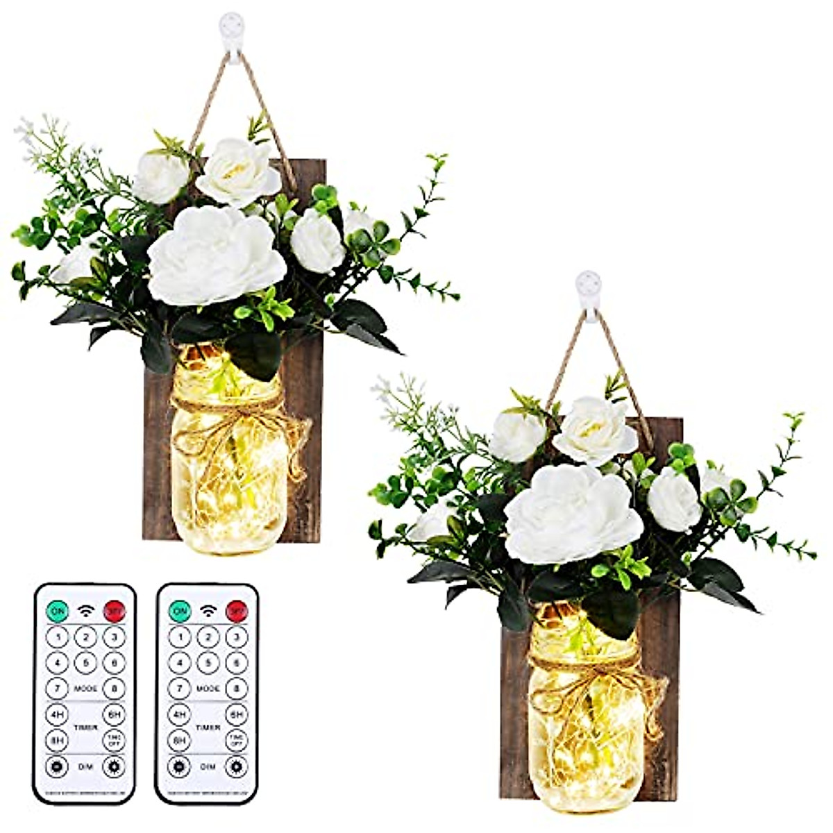 Anpro Mason Jars sconces with Lights,Decorative Mason Jar Wall Decor,Rustic Wall Sconces with 6-Hour Timer LED Fairy Lights and Flowers (2 Pack) Iron Hooks for Christmas,Halloween Decorations