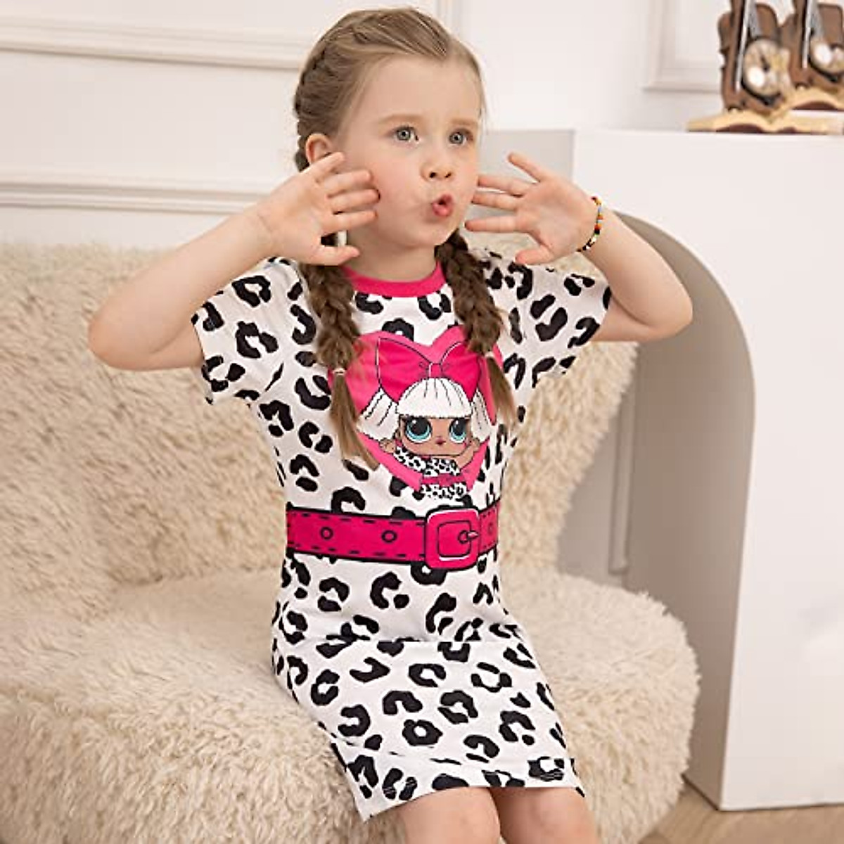 L.O.L. Surprise! Girls Short Sleeve Black White Leopard Long Sweatshirt Dress Girls T-shirt Dress 6-7 Years
