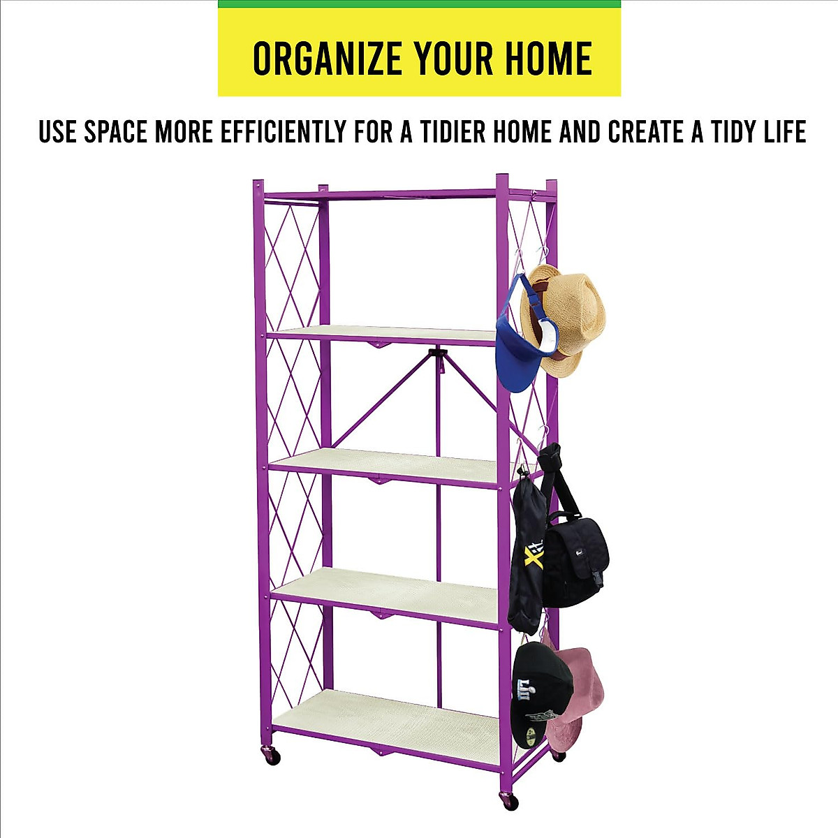 Letusto Foldable Collapsible Shelf with Wheels & Breaks - Folding Shelf Heavy Duty Metal Frame Pantry Shelving Unit - Origami Bookcase - No Assembly Bookshelf (Purple, 5 Tier)