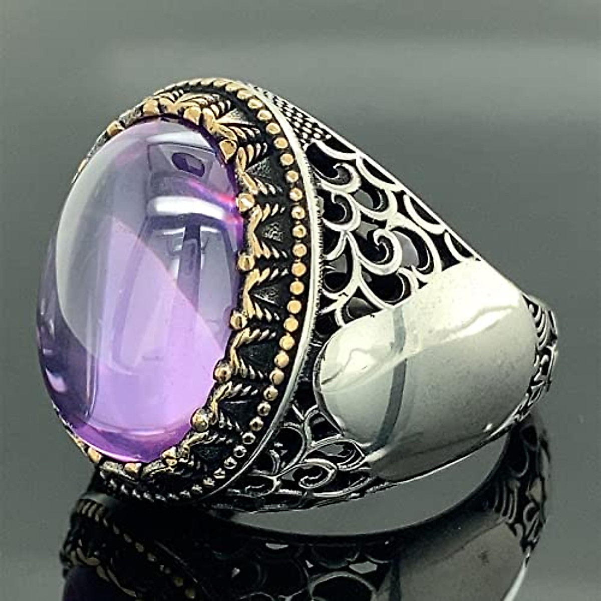 Men Handmade Ring, Amethyst Men's Ring, Ottoman Ring, Embroidered Men's Ring, 925k Sterling Silver Ring