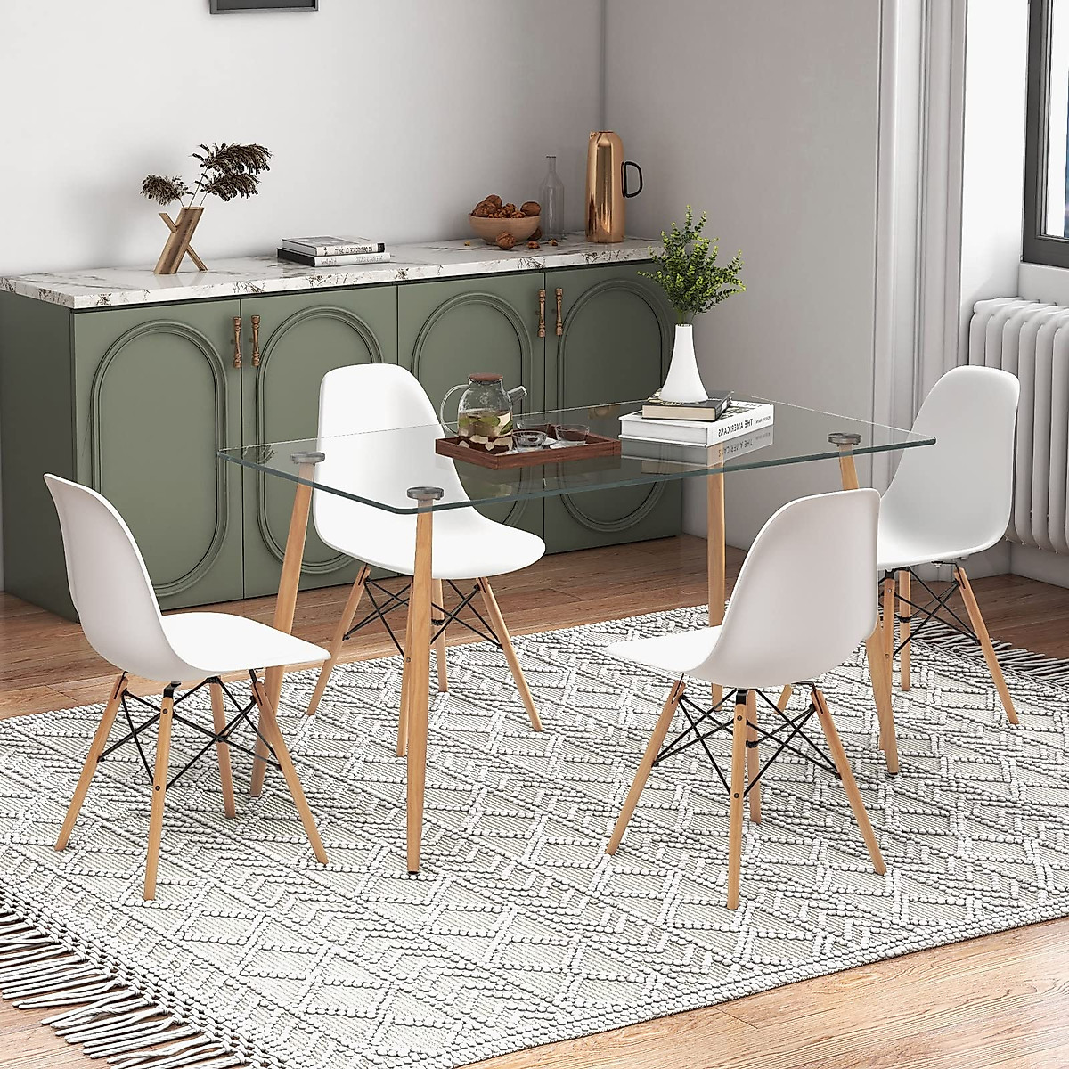Tangkula Dining Table Set for 4, Modern Kitchen Table and Chairs Set of 4, Glass Dining Room Table Set for Small Living Room, Kitchen