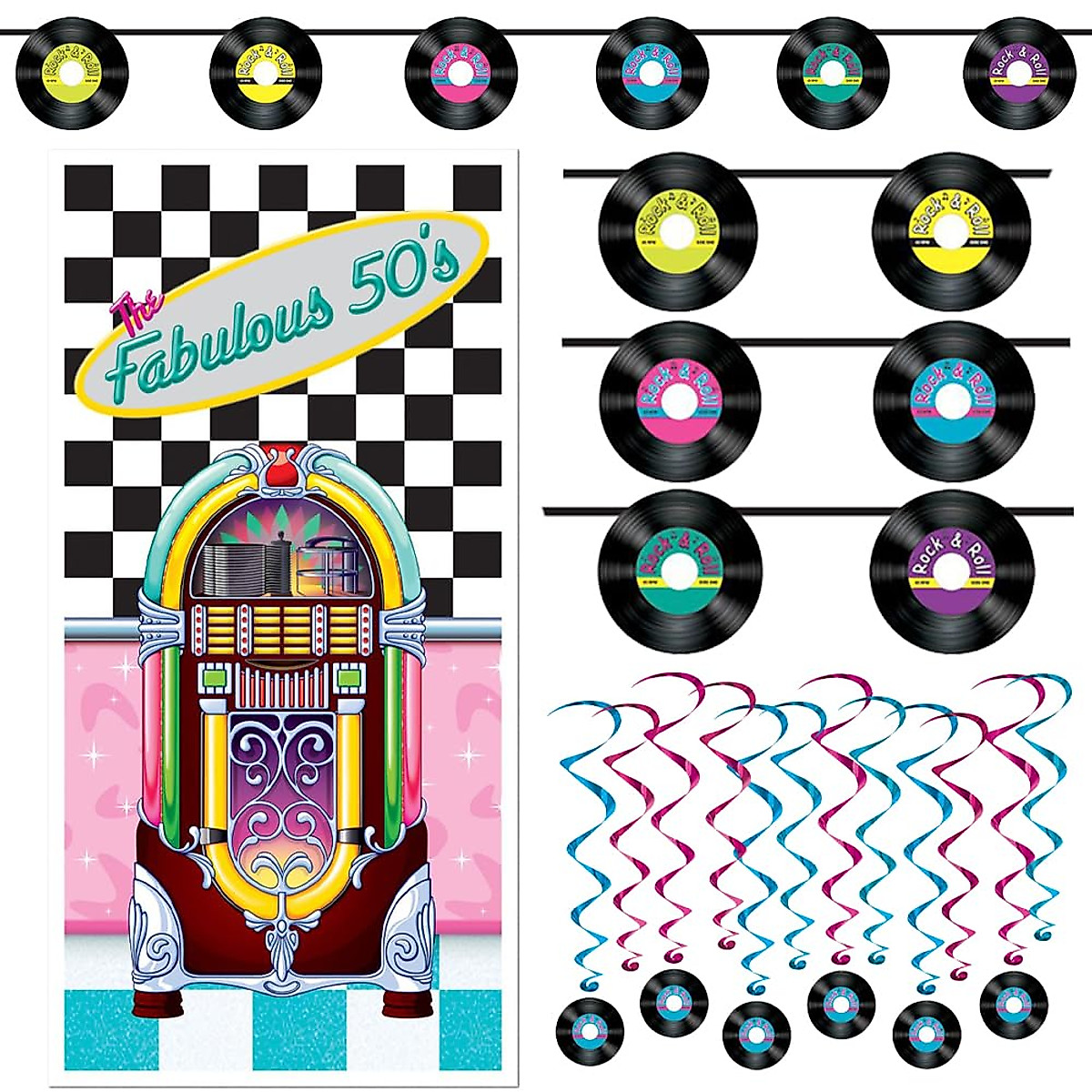 1950's Oldies Theme Sock Hop Birthday Party Supplies Decorations Records Banner Door Cover Soda Shop Whirls Set Kit Bundle