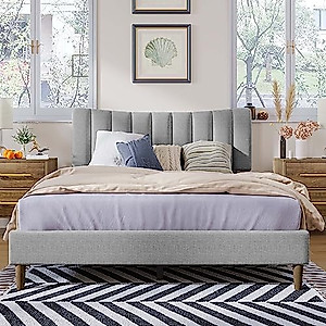 DUNTRKDU Queen Size Bed Frame, Modern Linen Upholstered Platform Bed with Vertical Channel Tufted Headboard for Boys Girls Bedroom Living Room, No Box Spring Needed (Gray)