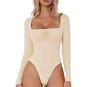 QINSEN Bodysuit Shirts for Women Square Neck Long Sleeve Shirt Double Lined Tops Marzipan M