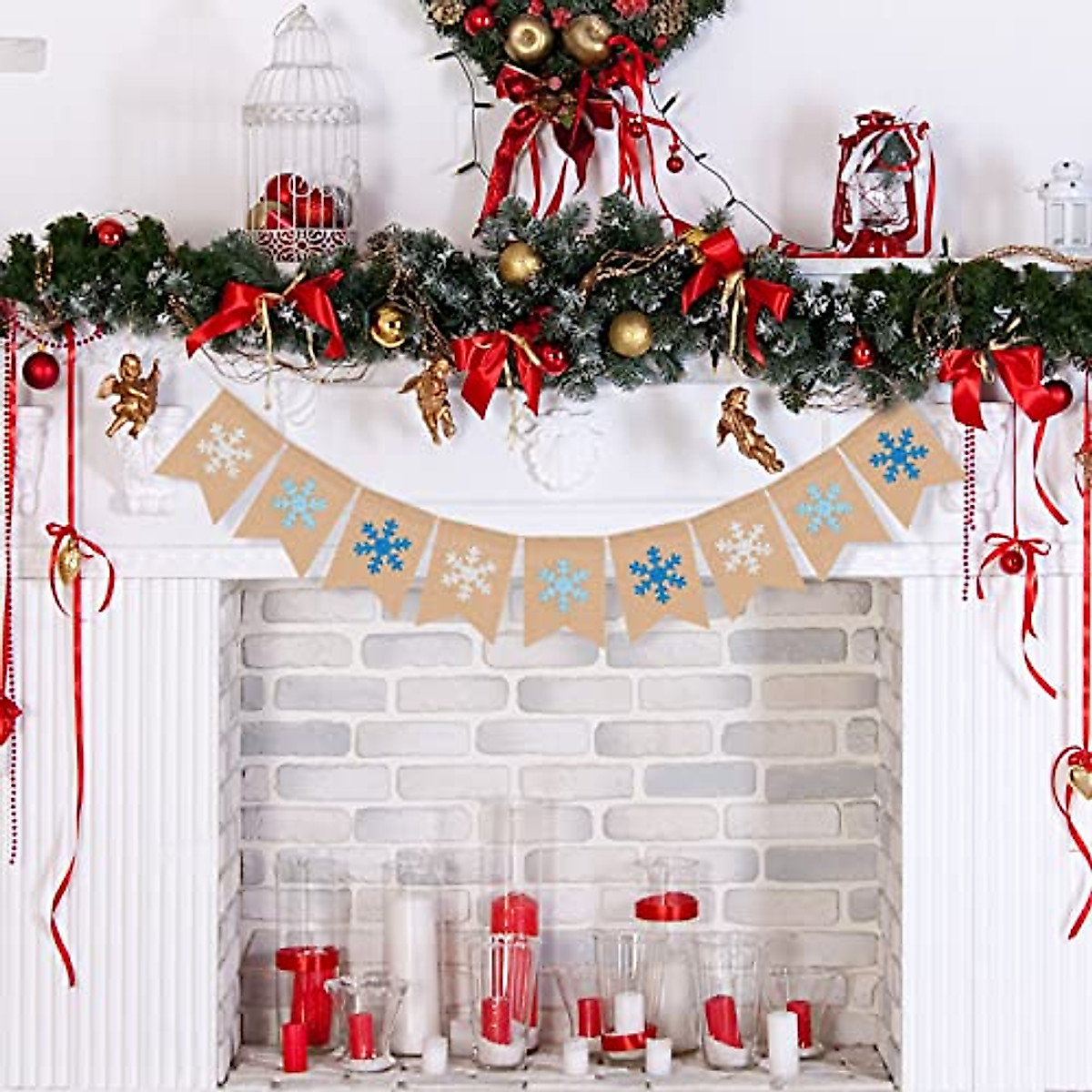 AnyDesign Christmas Snowflake Burlap Banner Glitter Winter Banner Blue White Snowflake Printed Bunting Garland Xmas Holiday Hanging Decoration No DIY Required for Christmas Winter Home Party Supplies