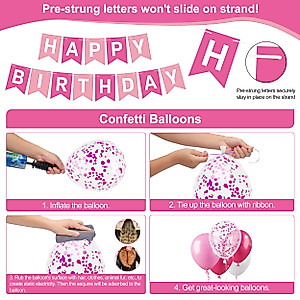 Pink Happy Birthday Party Decorations Set for Women Girls, Pre-Strung Happy Birthday Sign Banner, Pink Balloons, Tissue Paper Pom Poms, Star Garland, Hanging Swirls for Birthday Princess Party