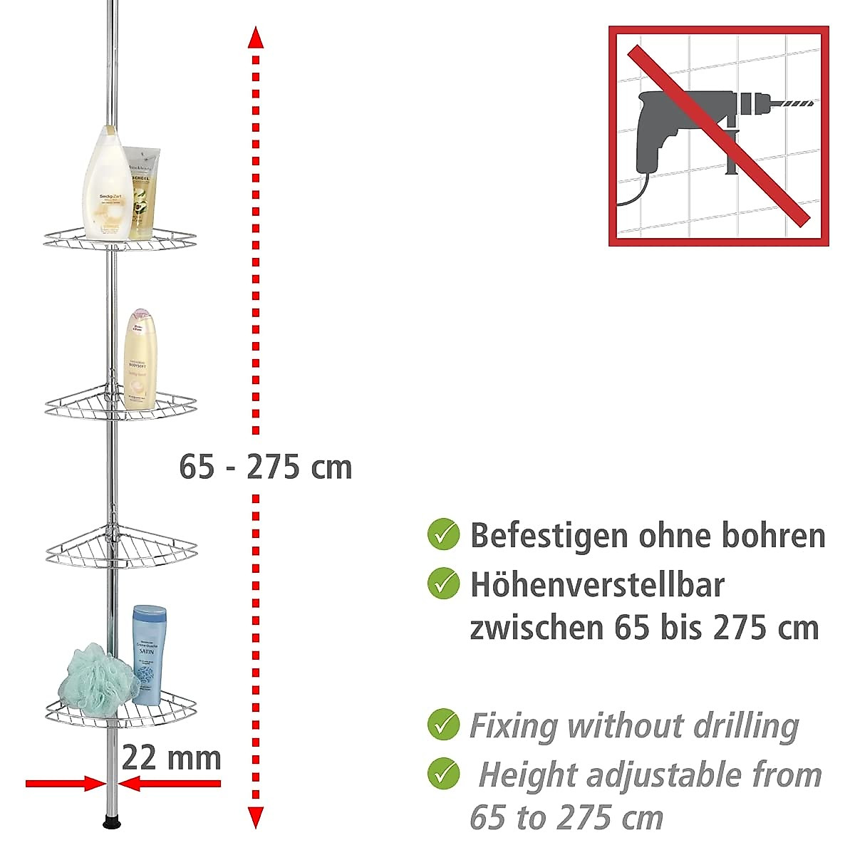 Bathroom Shelf Organizer for Shower Storage, Shower Caddy Tension Pole With 4 Storage Baskets, Stainless Steel, Silver, Dimensions 11 x 108 x 7.8 in