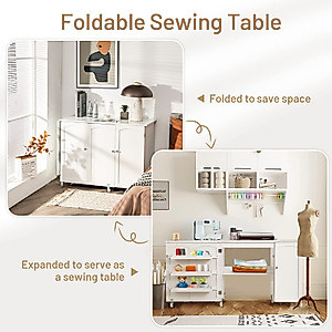 Giantex Folding Sewing Craft Table, 3 Storage Bins, Side Cabinet, Interior Shelf, Rolling Sewing Machine Cabinet Craft Station Desk with Lockable Wheels for Apartment Small Spaces, White