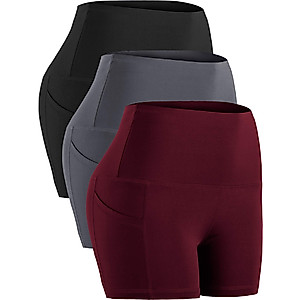 CADMUS High Waist Athletic Shorts for Womens Yoga Fitness Workout Running Shorts with Deep Pockets,3 Pack,1016,Black & Grey & Wine Red,Large